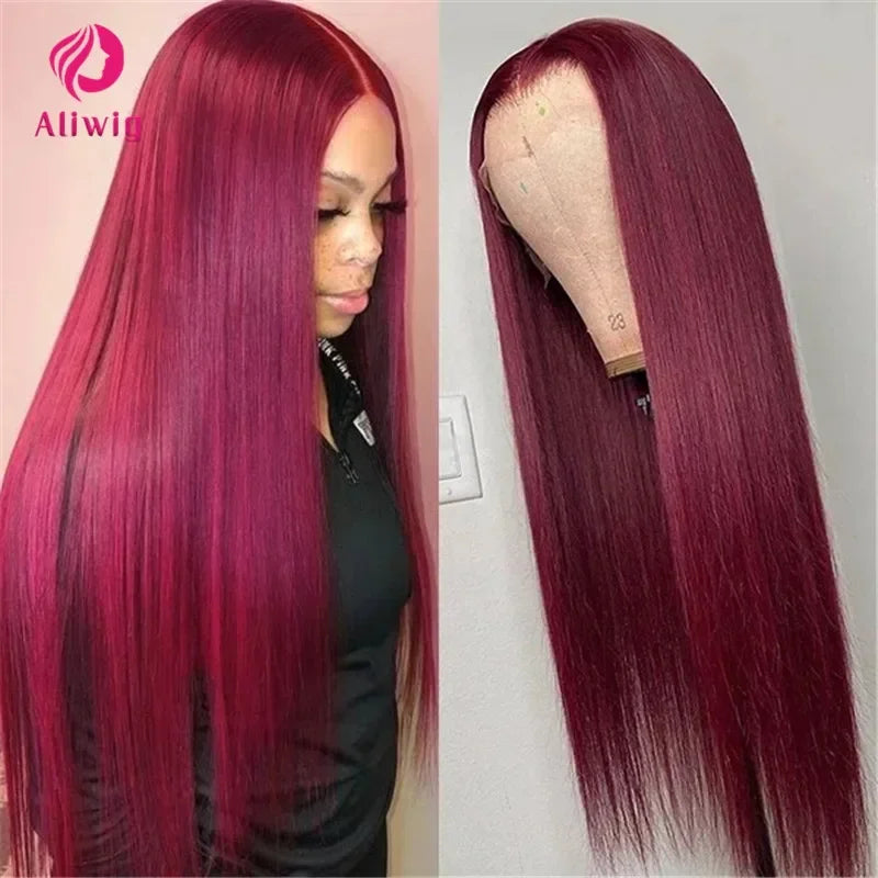 99j Burgundy 13x4 Hd Lace Front Wig Female 13x6 Brazilian Red Straight ...