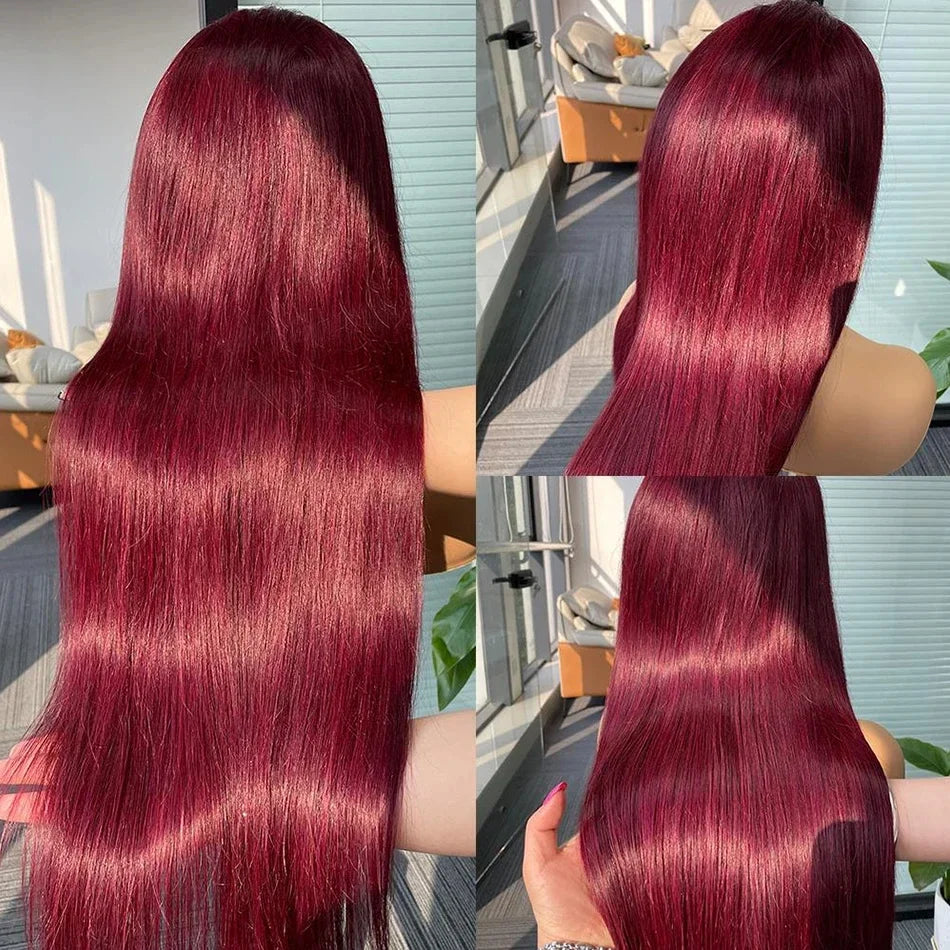 99j Burgundy 13x4 Hd Lace Front Wig Female 13x6 Brazilian Red Straight ...